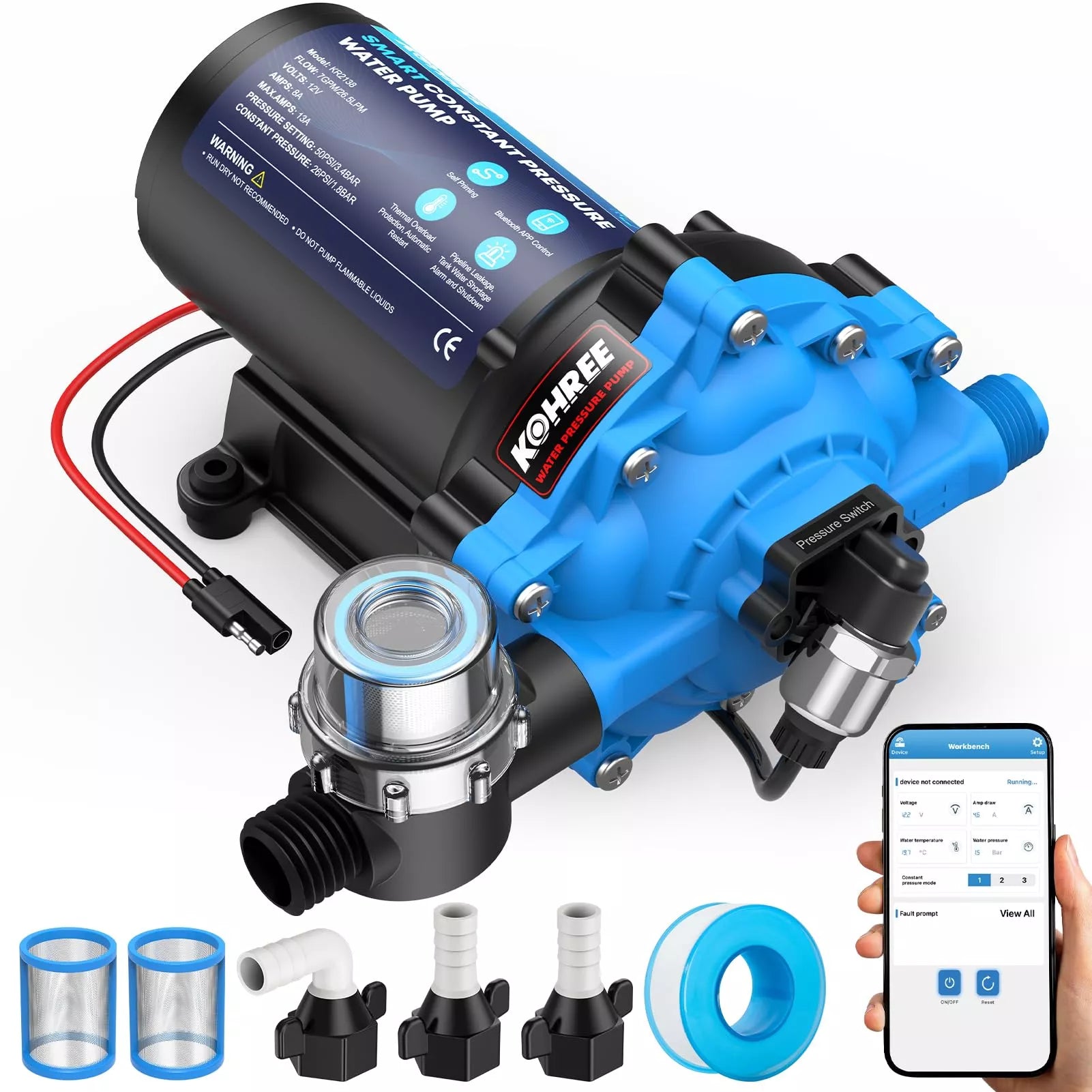 Kohree Smart Variable Speed 7 GPM RV Water Pump 12V App Control