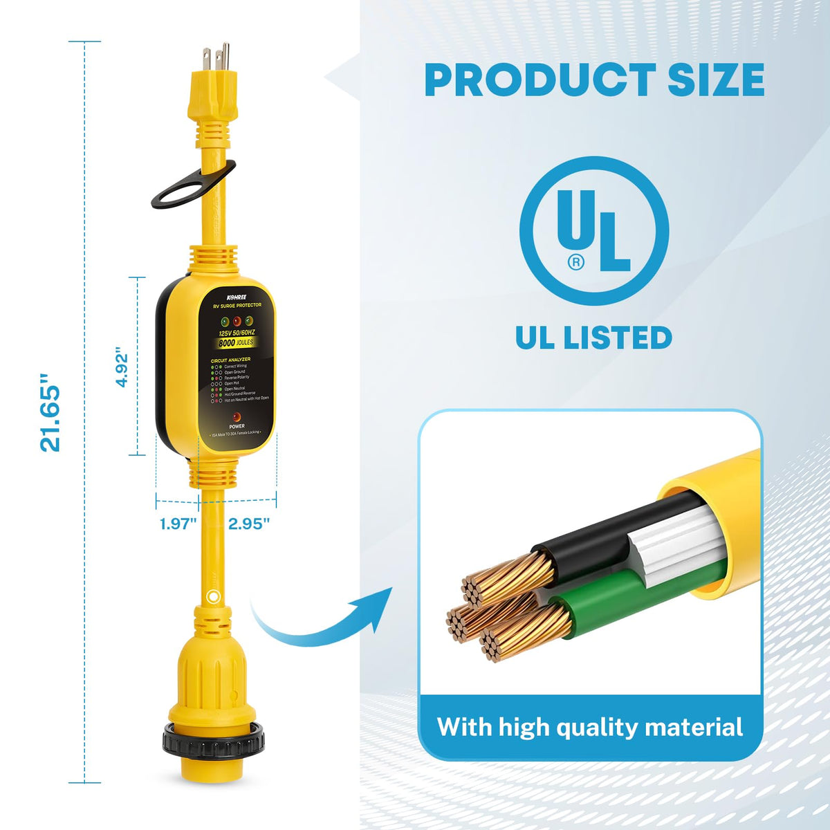Kohree 30 Amp to 110V RV Adapter 5-15P to L5-30R with Surge Protection