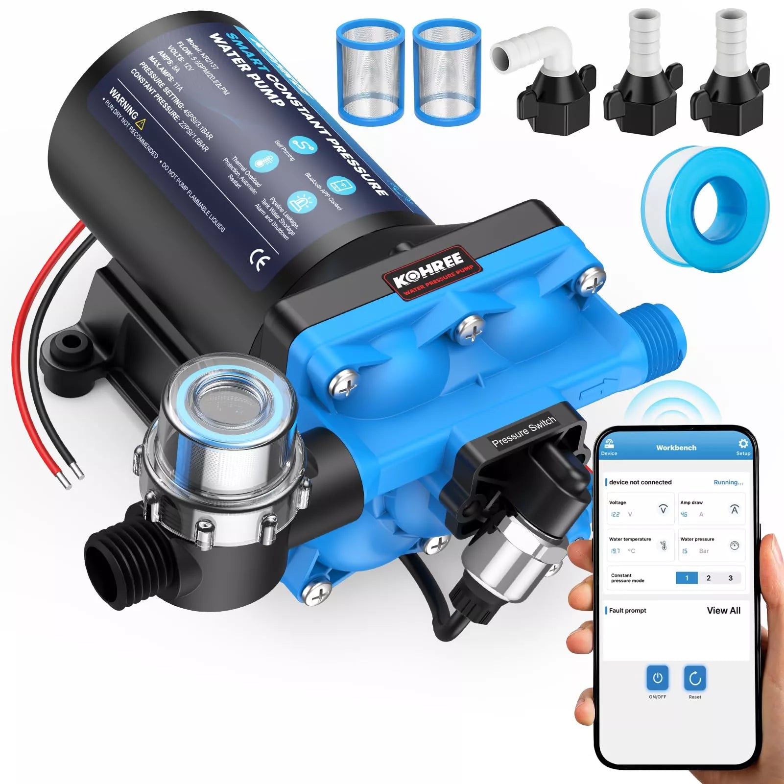 Kohree 12V Smart Variable Speed 5.5 GPM RV Water Pump App Control