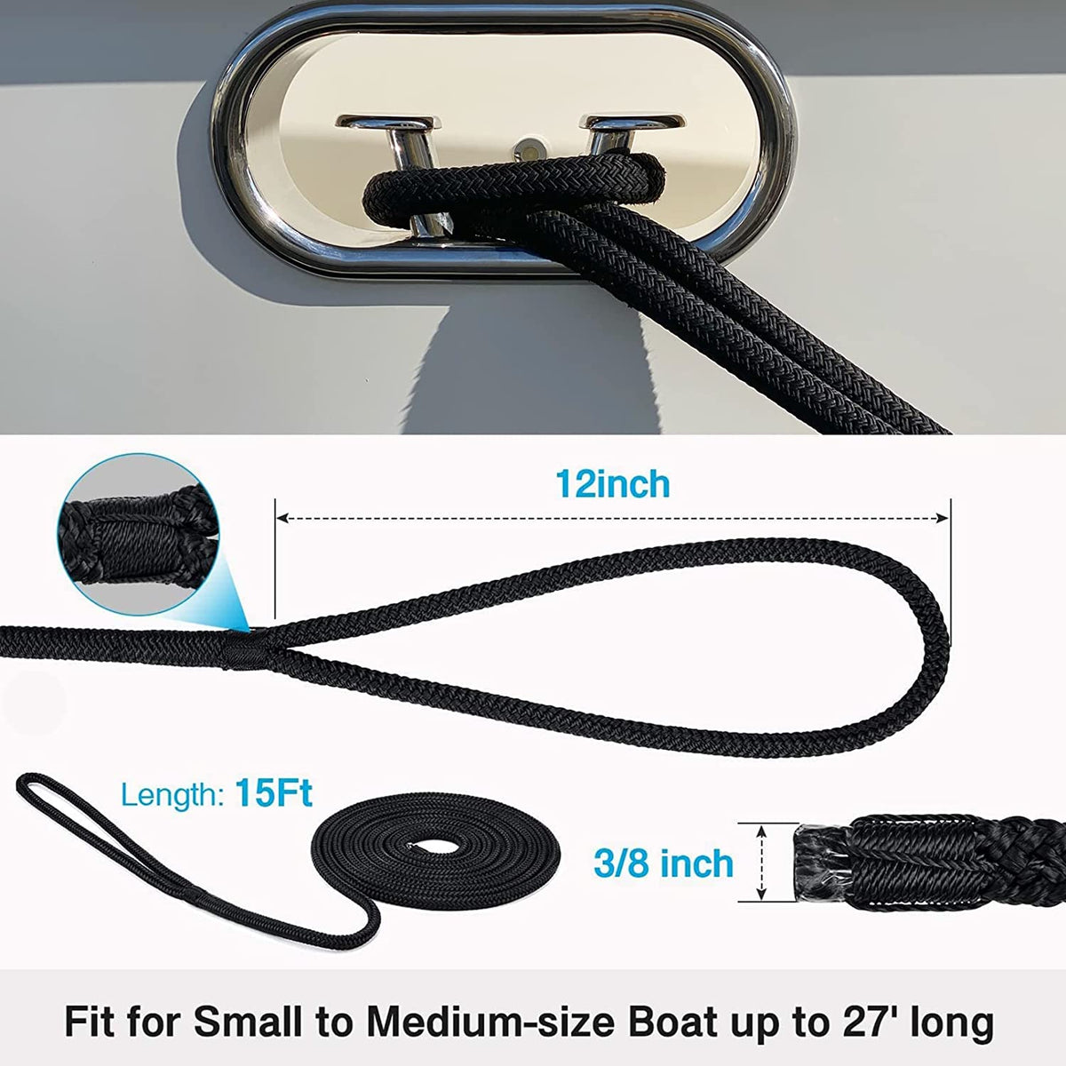 Kohree 4 Pack Dock Lines for Boats | 3/8" x 15' Double Braided Marine Rope